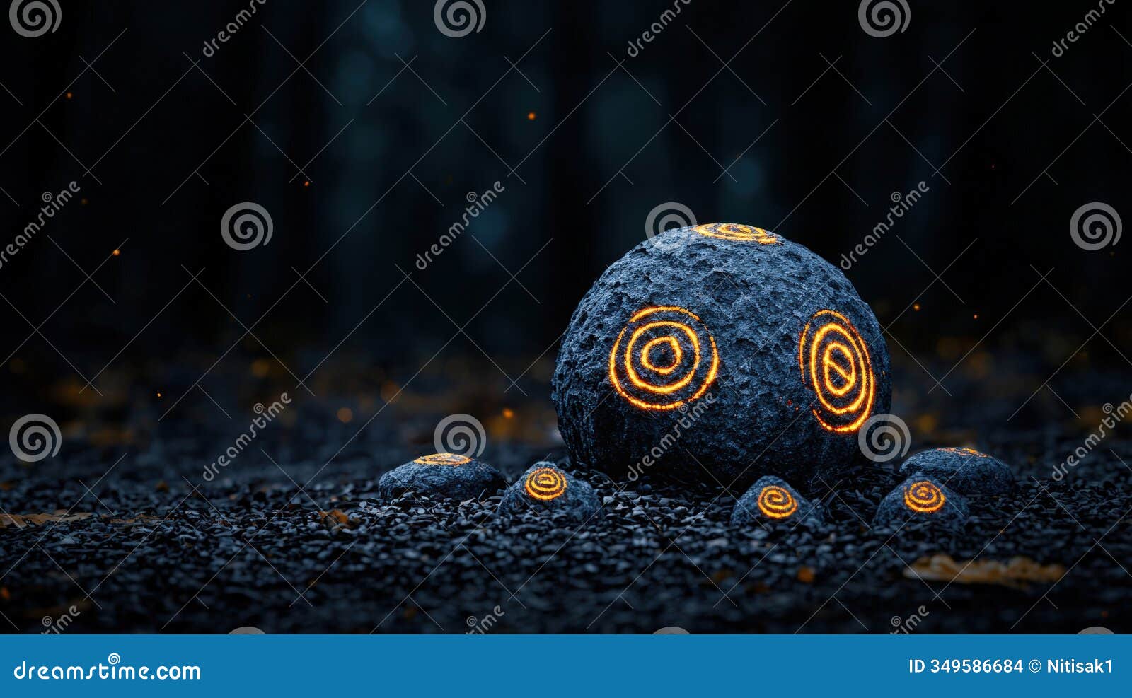 Mystical Stones with Glowing Symbols Surrounded by Dark Forest Stock ...