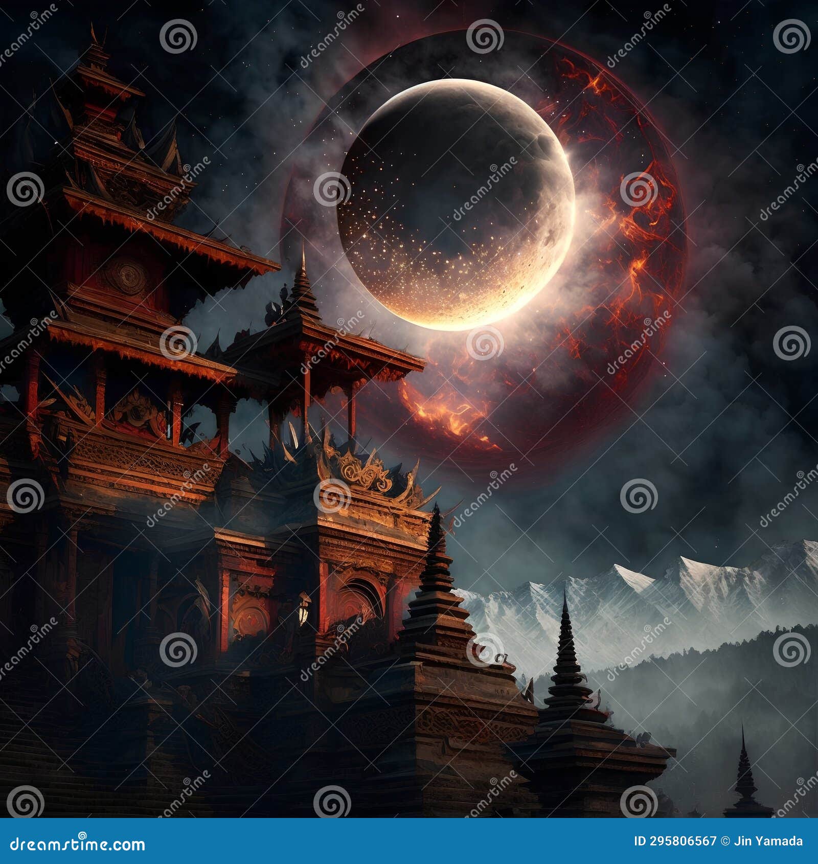 Mystical Temple in the Moonlight and the Full Moon. Stock Illustration ...