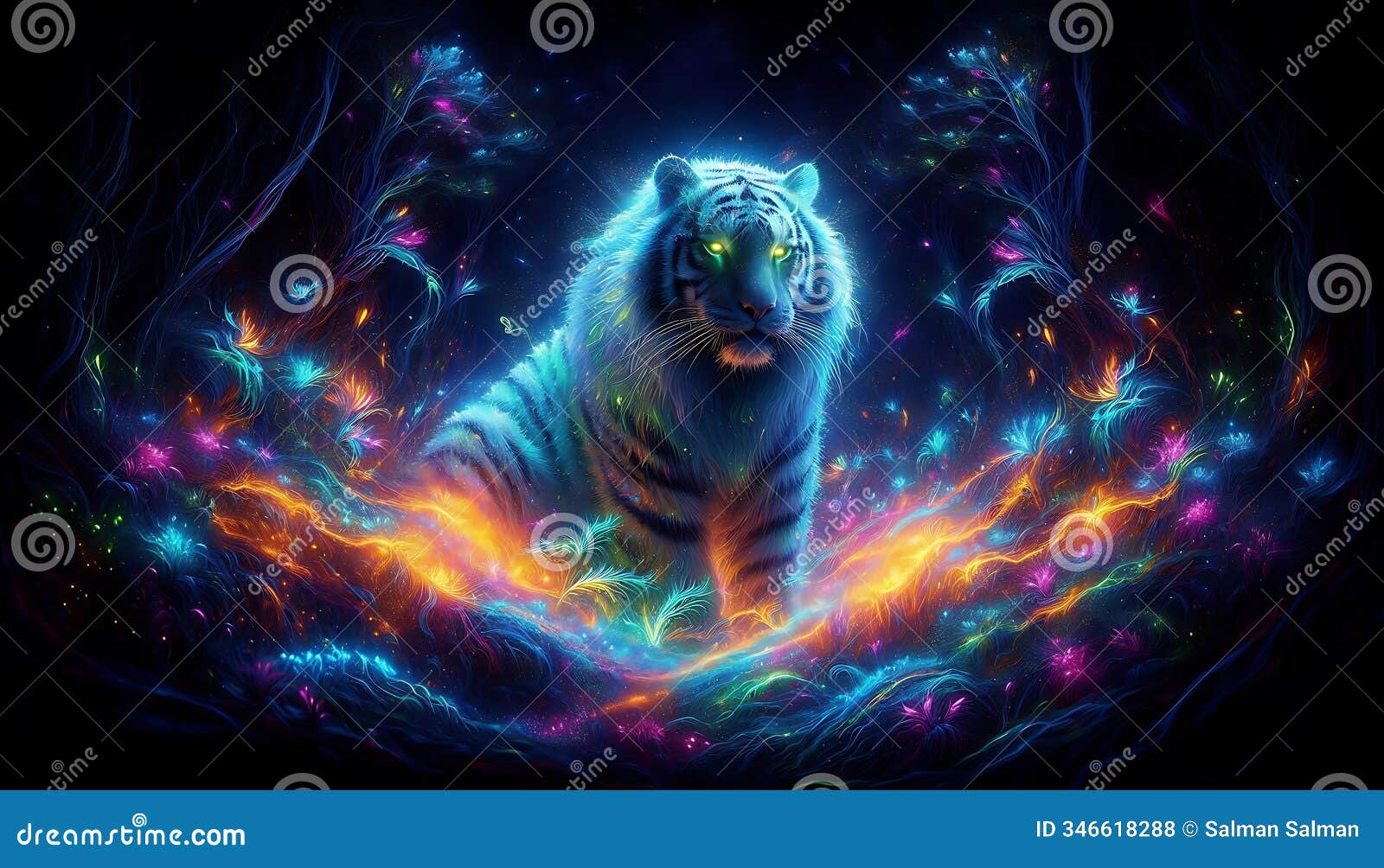 Mystical Tiger in a Cosmic Forest Stock Illustration - Illustration of ...