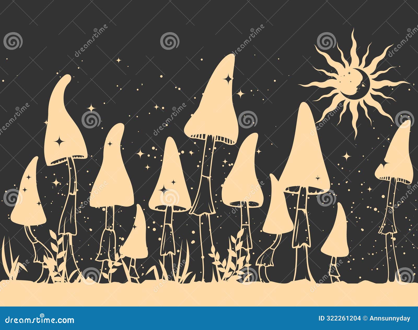 Mystical Toadstools, Boho Style Mushrooms Over Night Sky and Moon ...