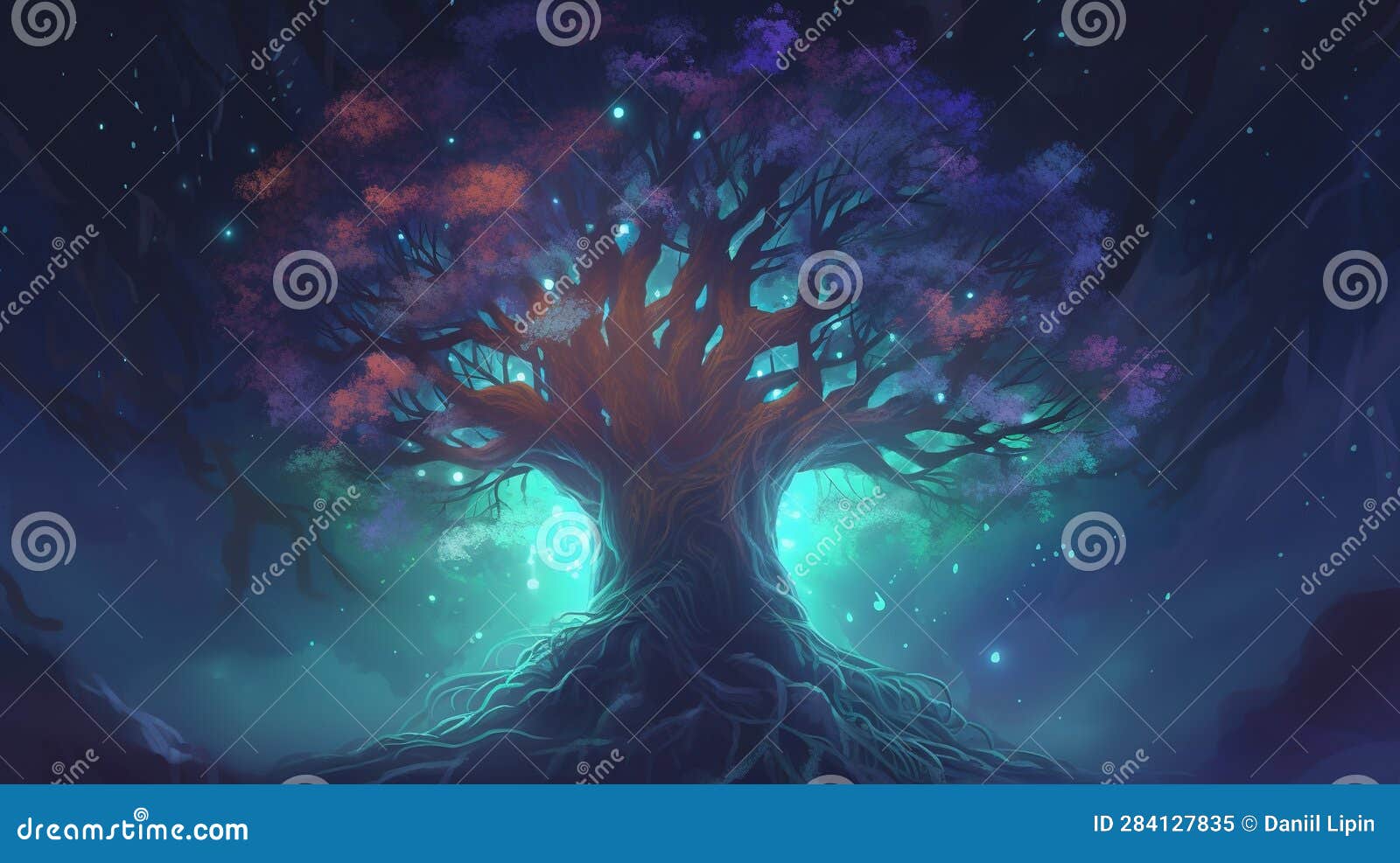 A Mystical Tree with Glowing Branches Stock Illustration - Illustration ...