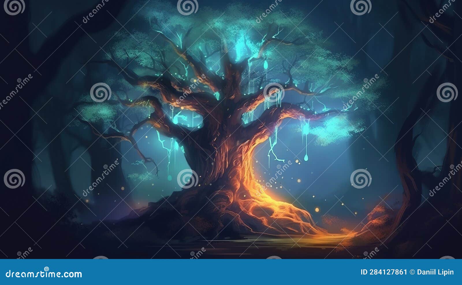 A Mystical Tree with Glowing Branches Stock Illustration - Illustration ...
