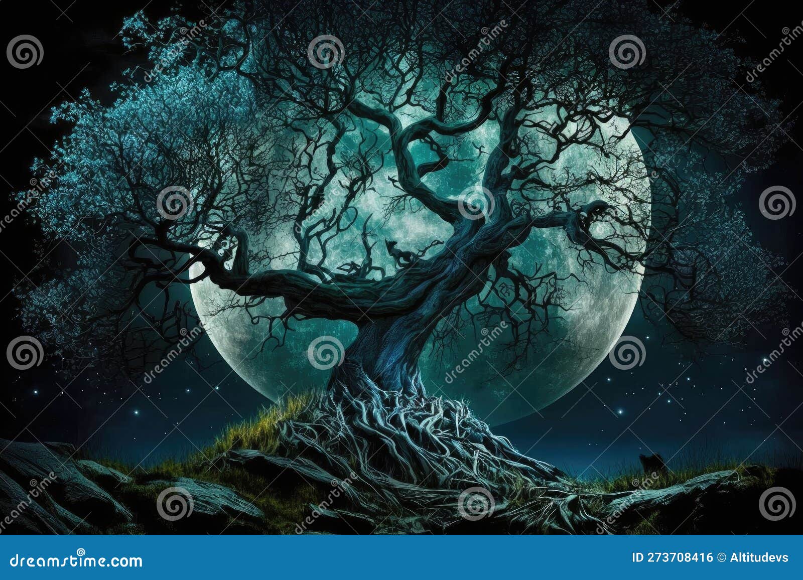 Mystical Tree, with Moonlight Shining through Its Branches and Leaves ...