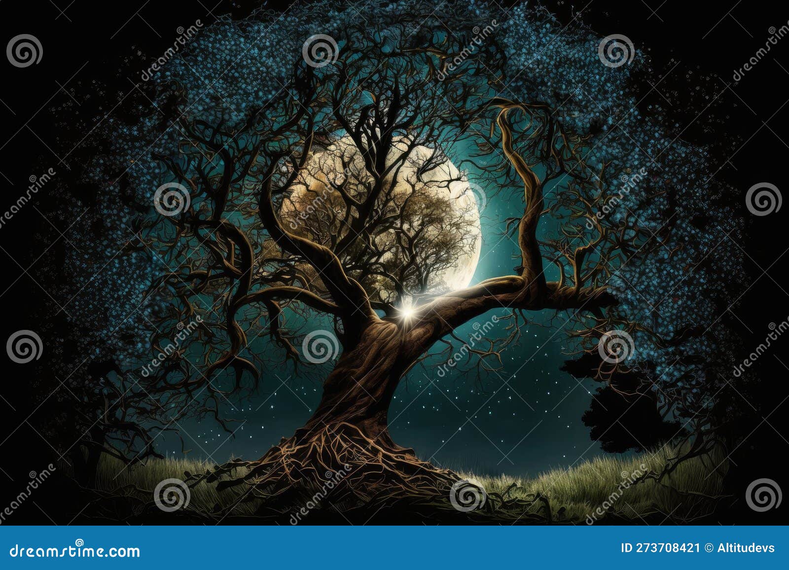 Mystical Tree, with Moonlight Shining through Its Branches and Leaves ...