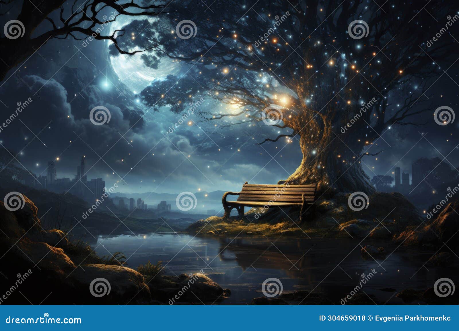 Mystical Tree by Moonlit Bench Stock Illustration - Illustration of ...