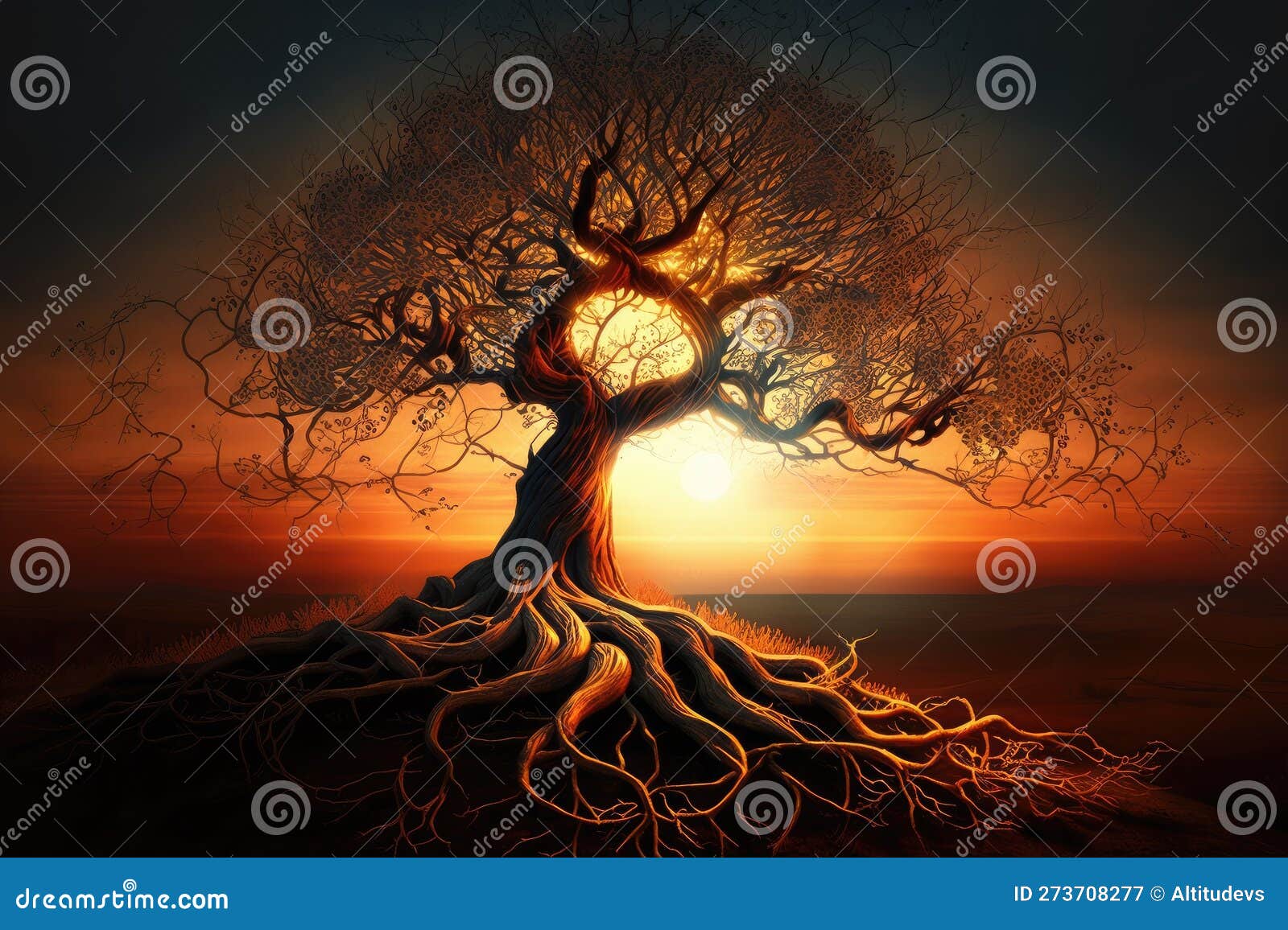 Mystical Tree with Sun Setting Behind it, Casting Warm Golden Light ...