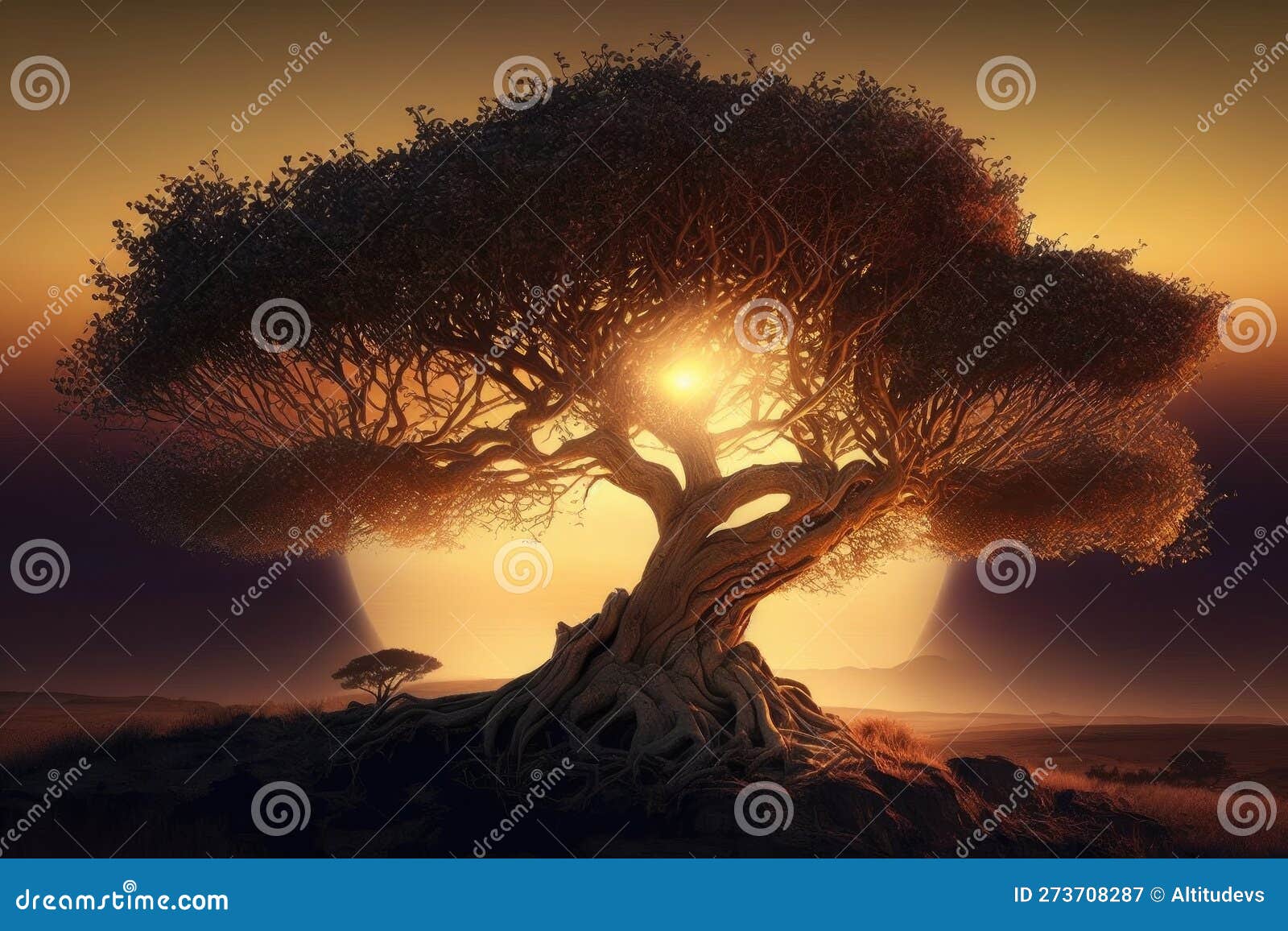 Mystical Tree with Sun Setting Behind it, Casting Warm Golden Light ...