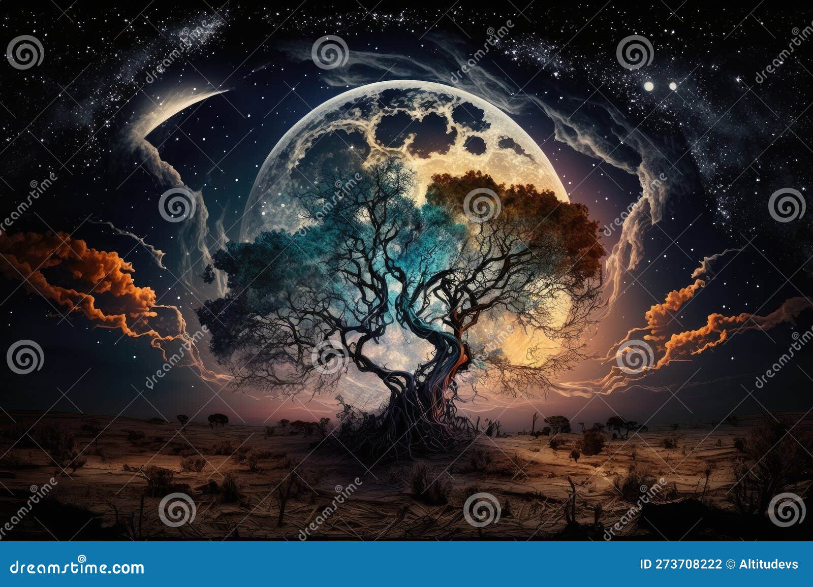 Mystical Tree With View Of The Moon, Bight Starry Sky And Glowing ...