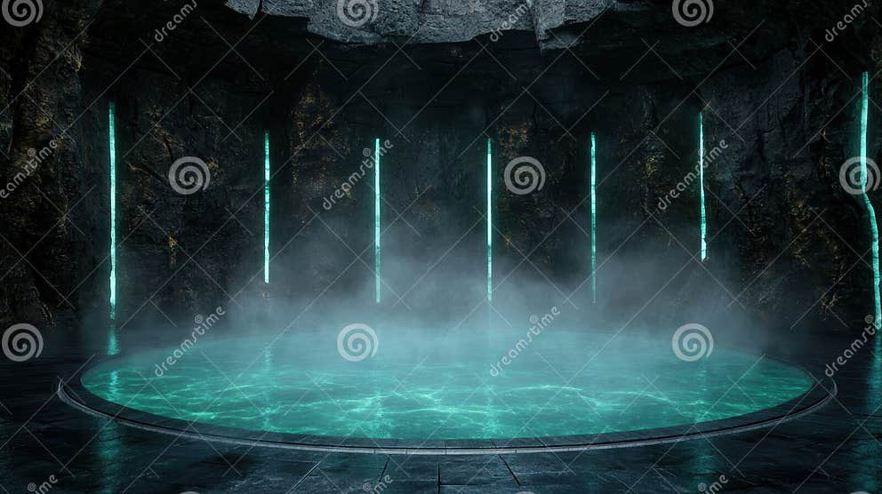 Mystical Underground Pool with Glowing Columns Stock Illustration ...