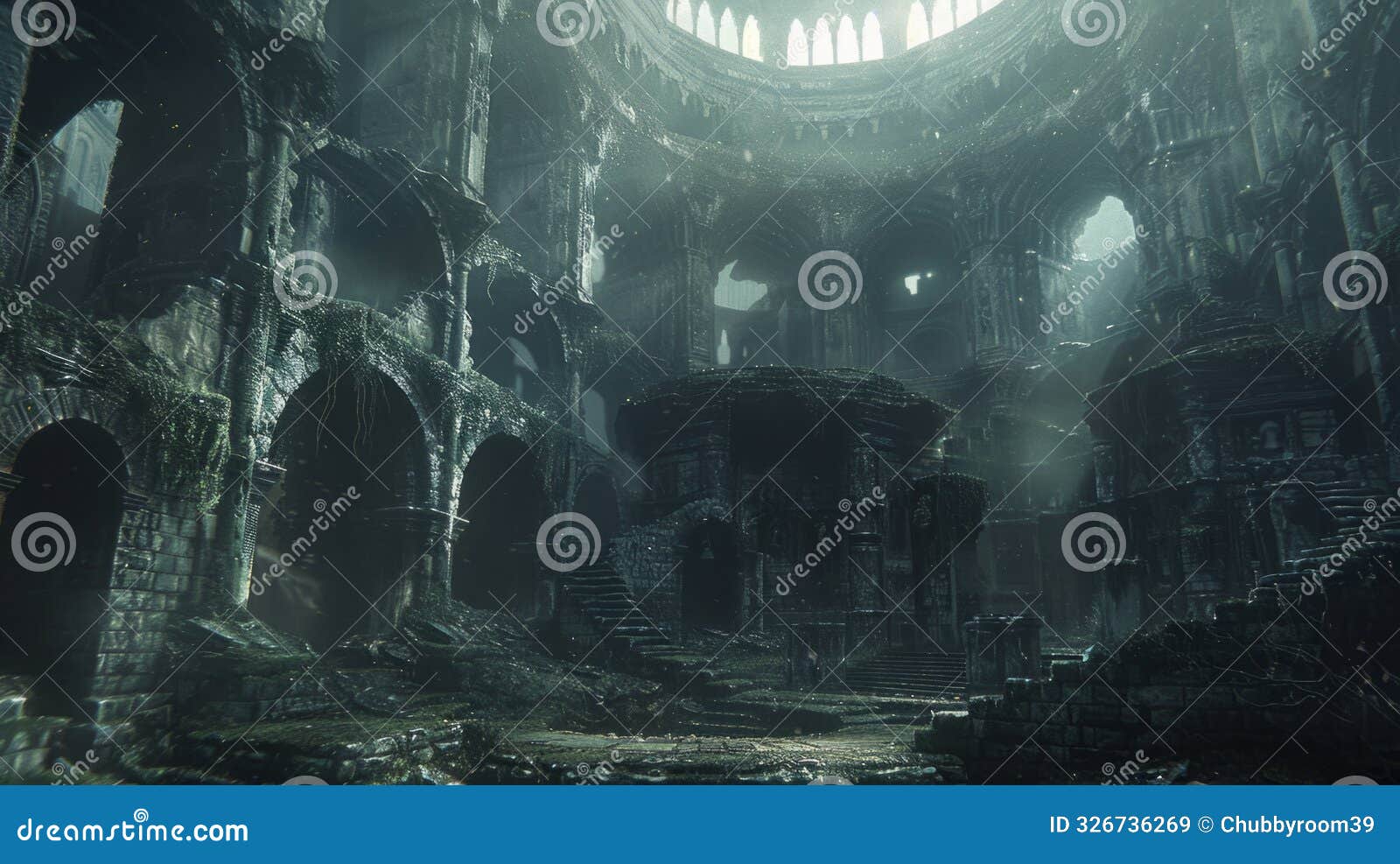 A Mystical Underwater Scene of an Ancient, Sunken Structure with Ornate ...