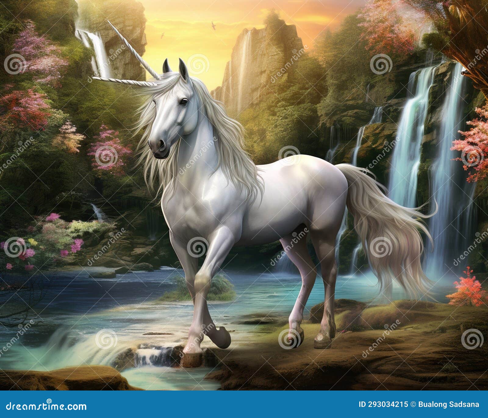 Mystical Unicorn in Front of a Wonderful Waterfall. Stock Illustration ...
