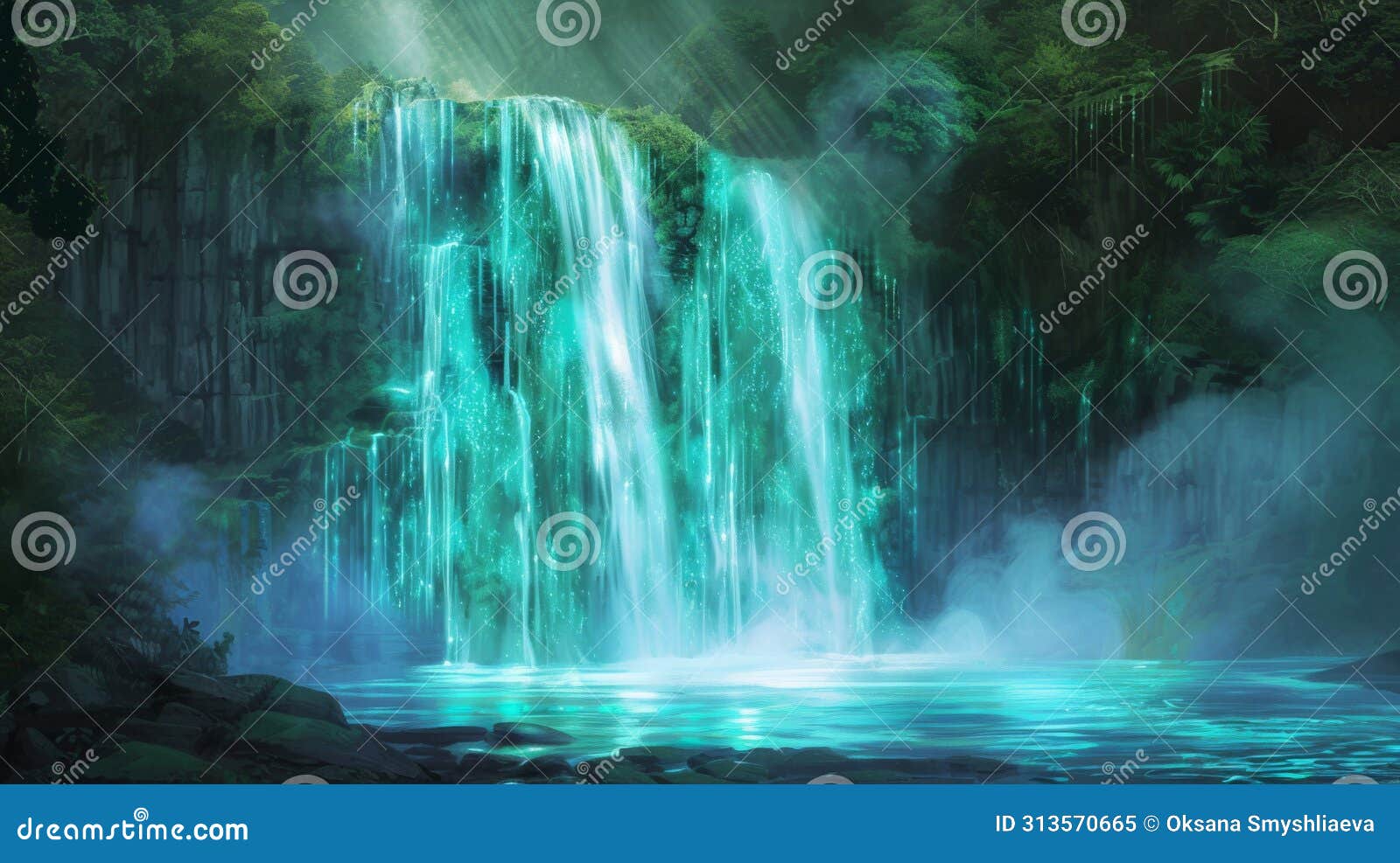 A Mystical Waterfall Flows with Glowing Blue Waters, Set Against the ...