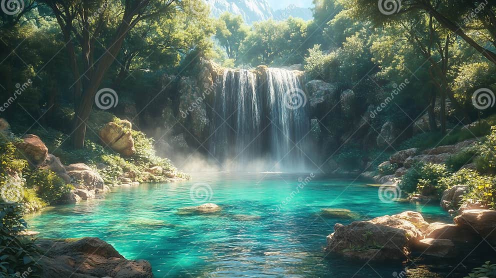Mystical Waterfall Pool Surrounded by Forest and Rock Formations Stock ...