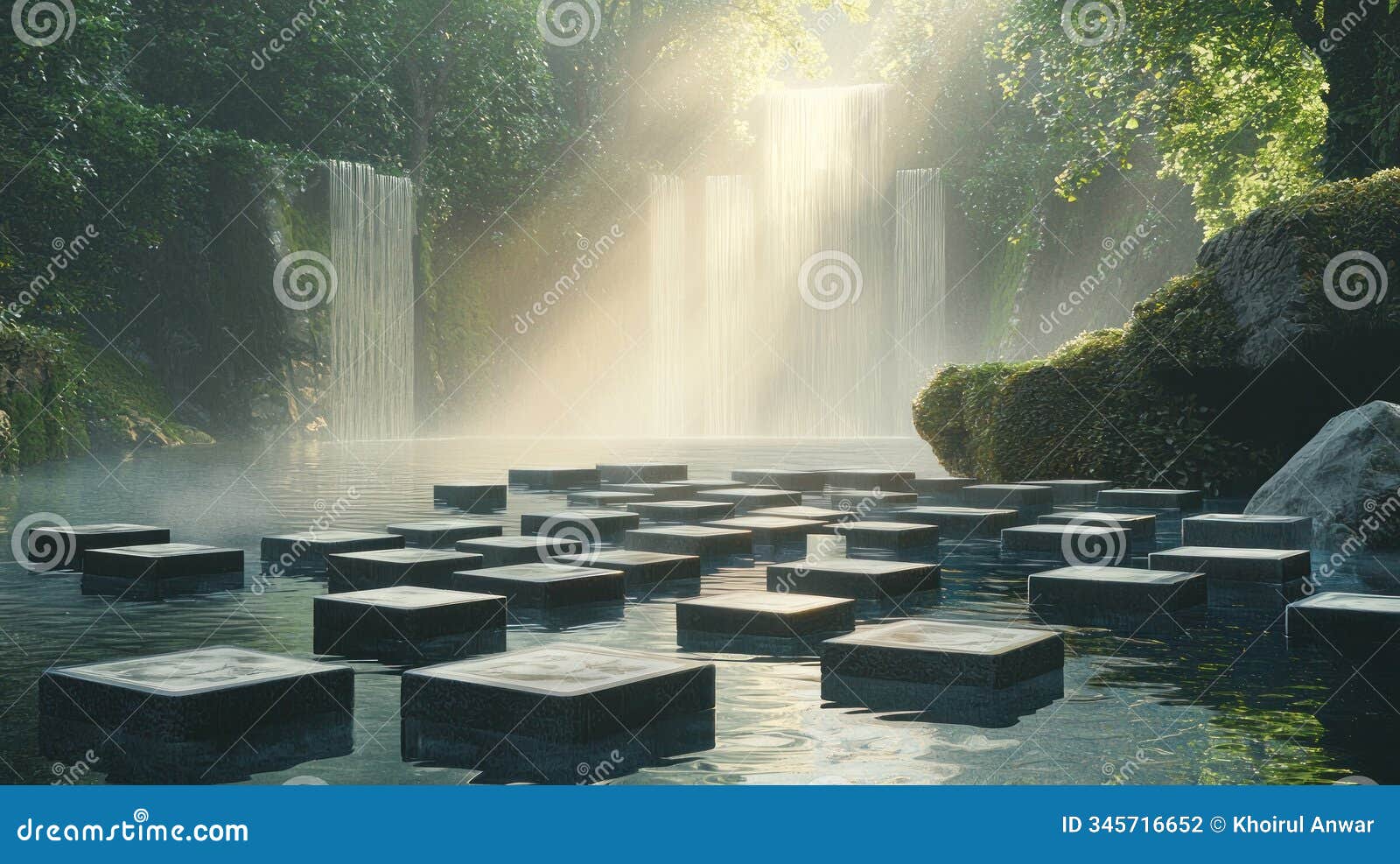 Mystical Waterfall Scene With Sun Rays And Stepping Stones In A Jungle ...