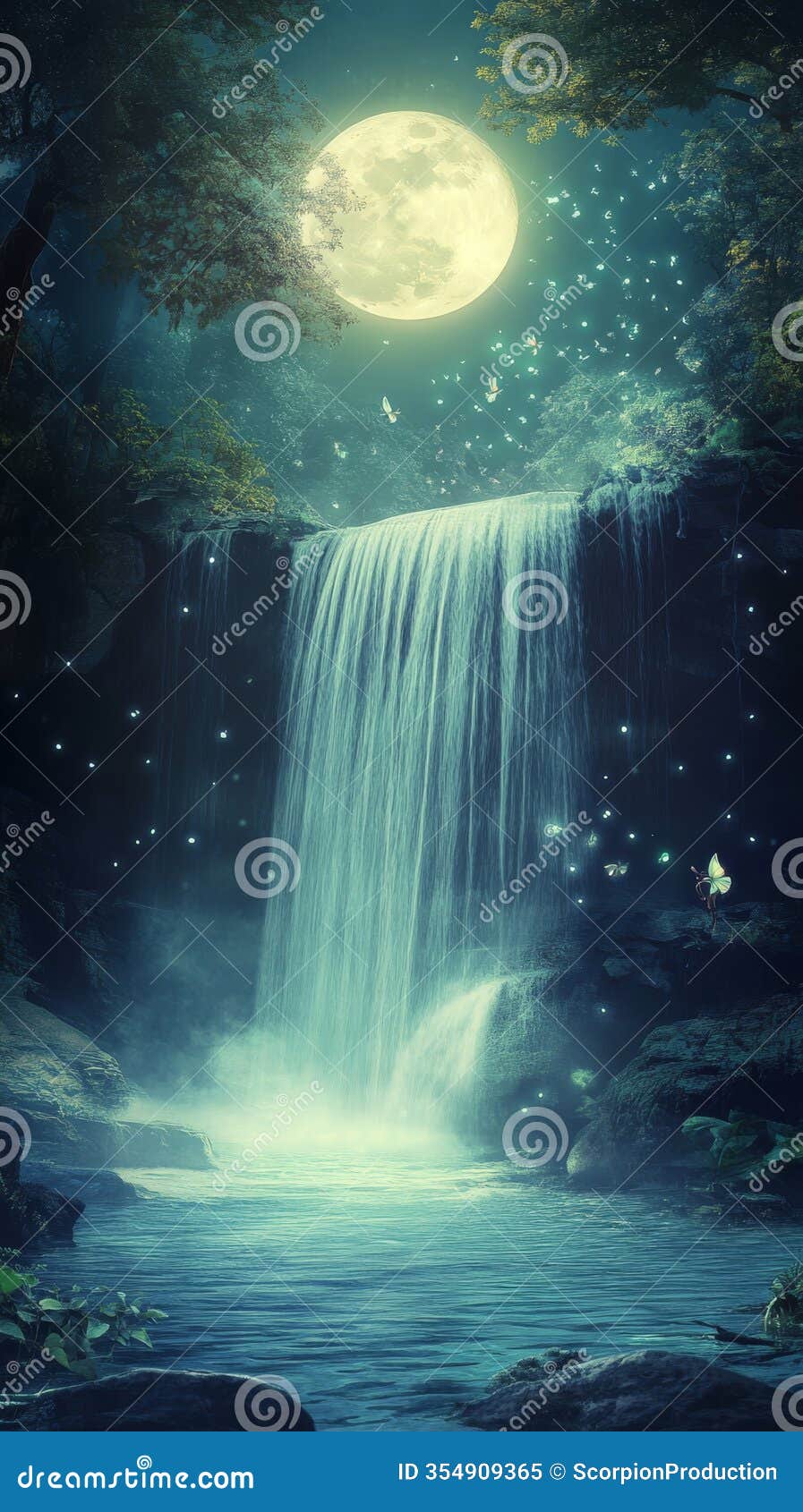 Mystical Waterfall Under Full Moon with Glowing Fireflies Stock Image ...