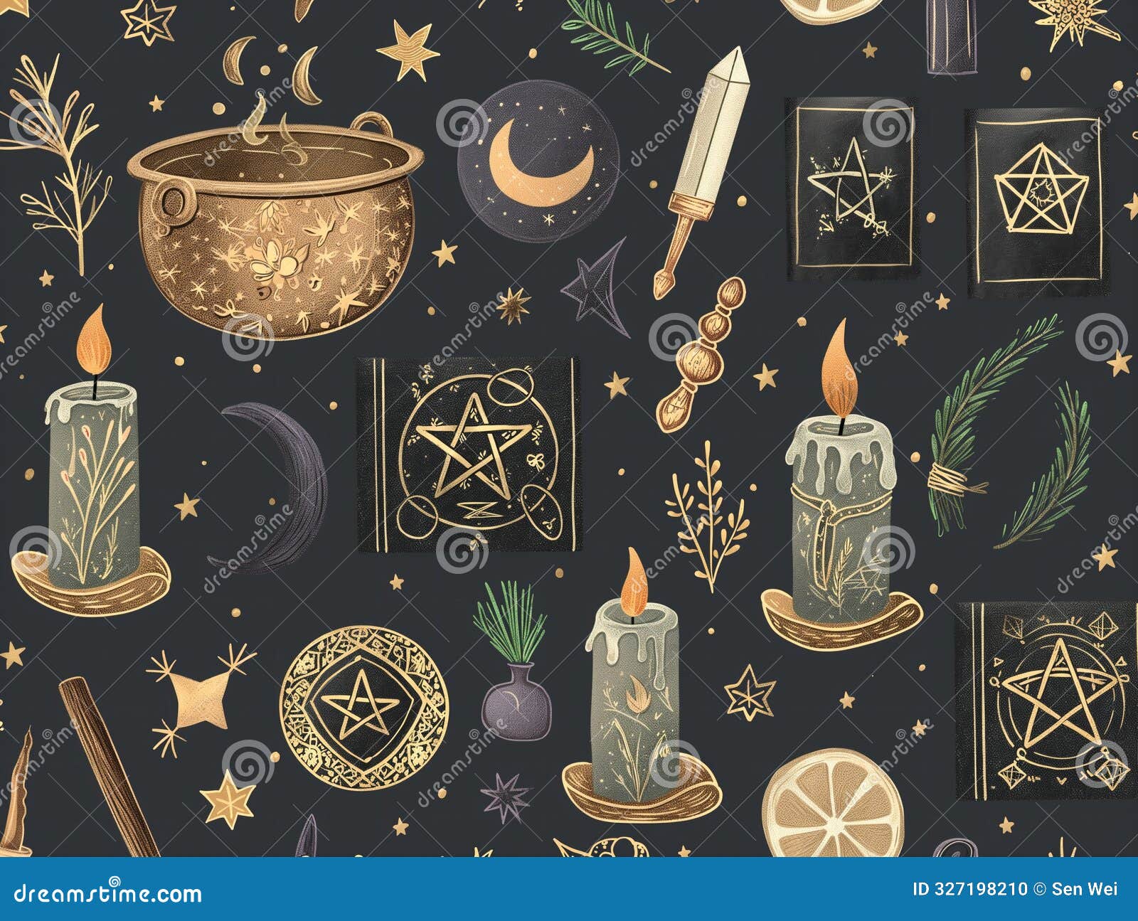 Magic Pentagrams Comic Style Doodles Top View Seamless Pattern. Cozy ...