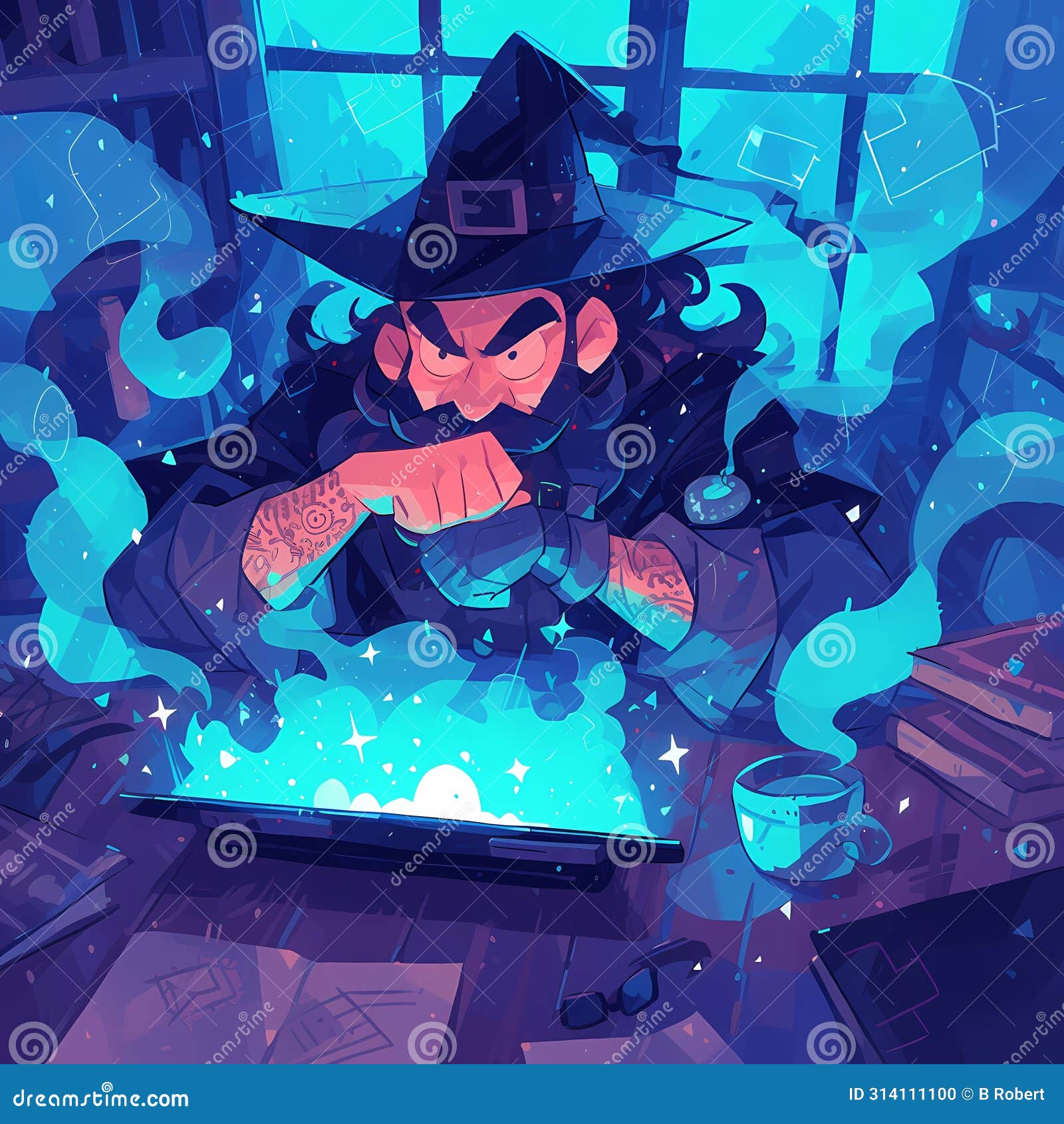 Mystical Wizard Embraces Technology, 95 Characters. Stock Photo ...