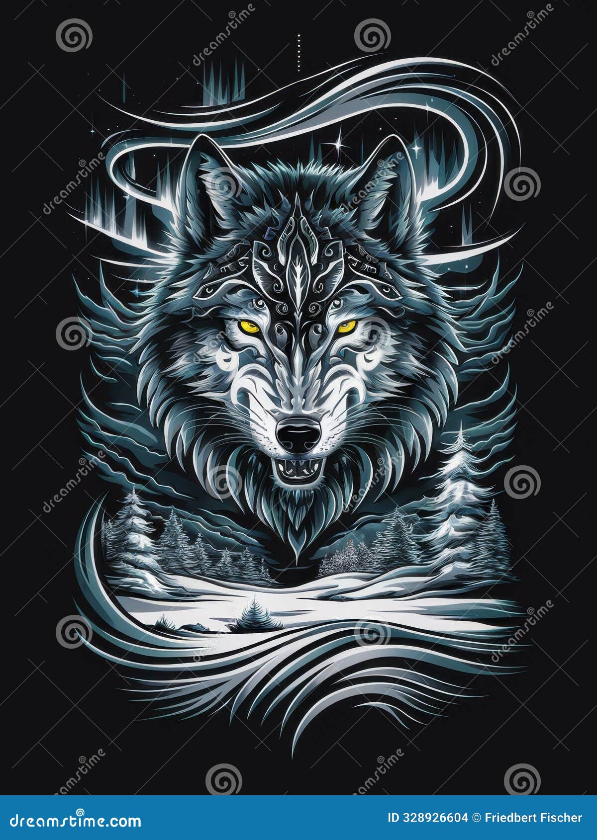 Mystical Wolf with Glowing Eyes and Ethereal Winter Landscape Stock ...