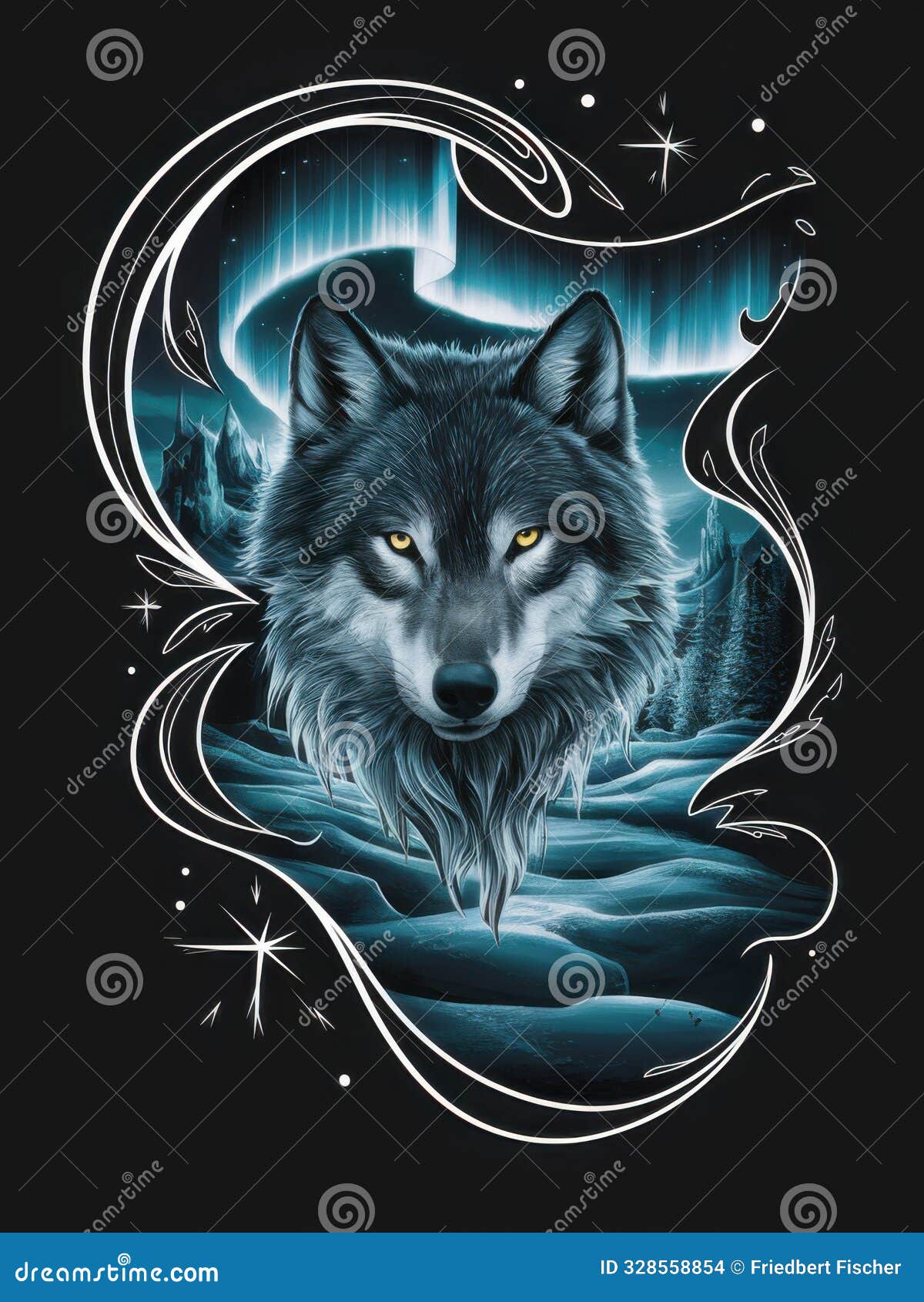 Mystical Wolf Illuminated by Northern Lights in Snowy Forest Artwork ...