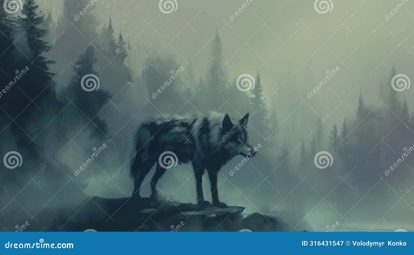 Mystical Wolf Standing on a Rock in a Foggy Forest Stock Image - Image ...