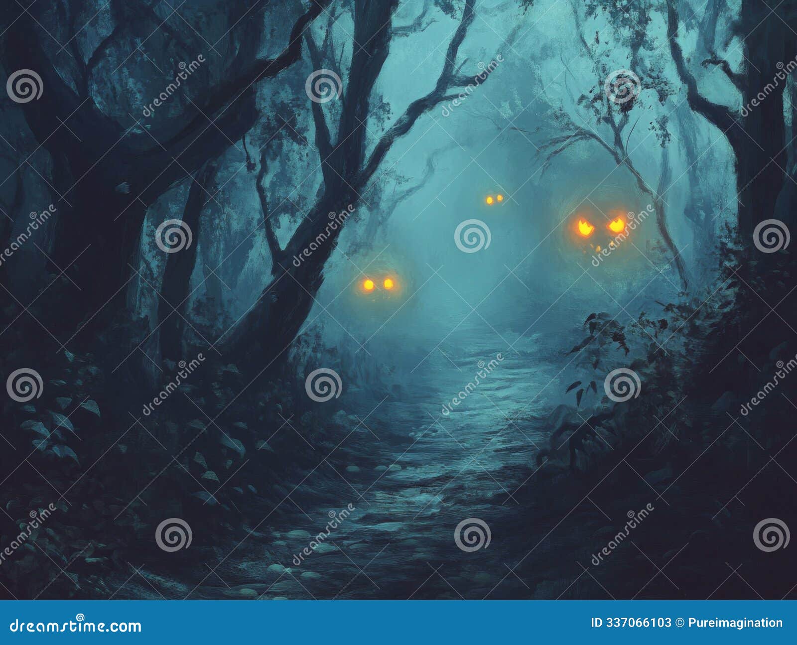 A Mystifying Forest Path with Eerie Glowing Eyes Stock Illustration ...