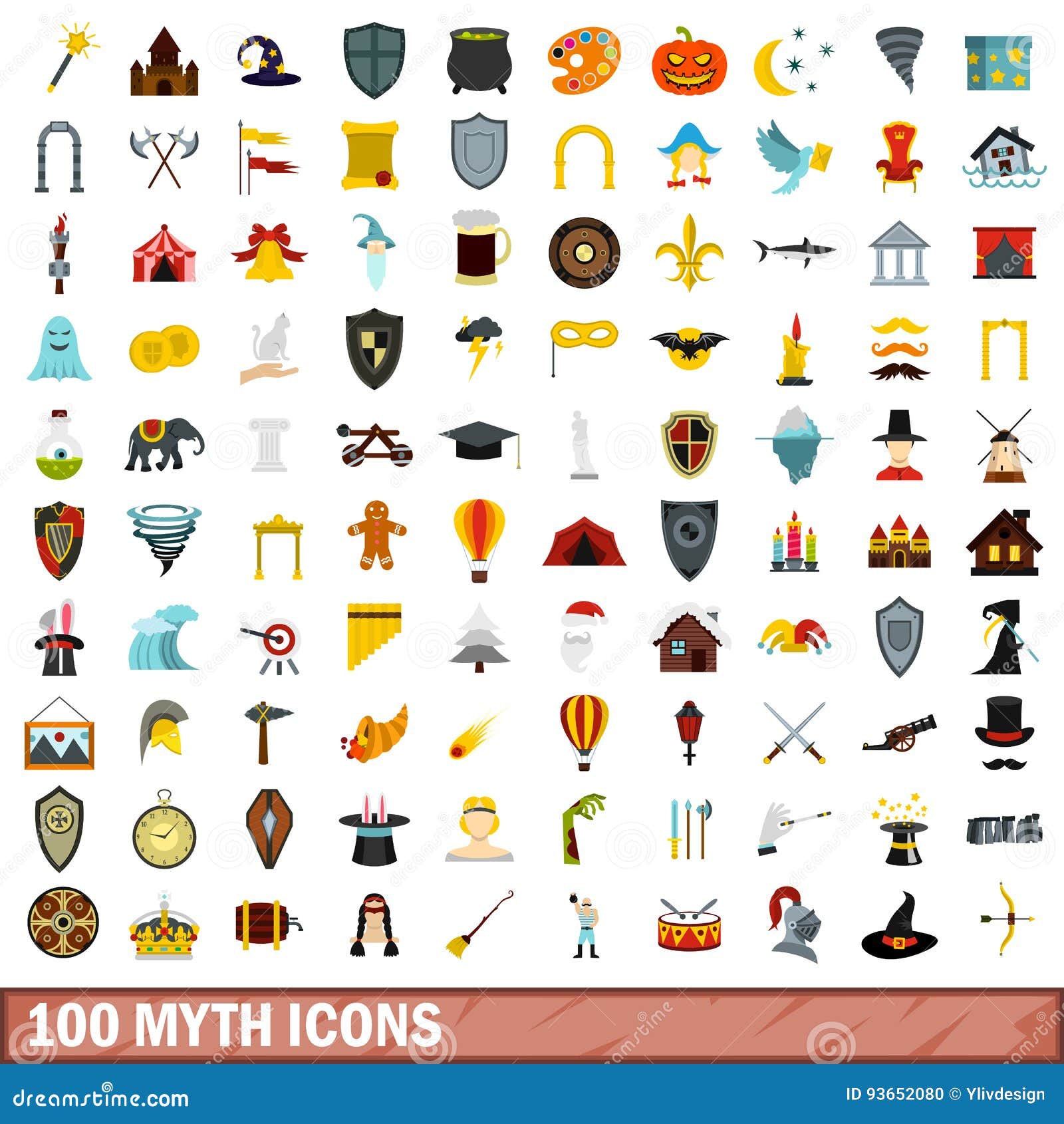 100 Myth Icons Set, Flat Style Stock Vector - Illustration of magician ...