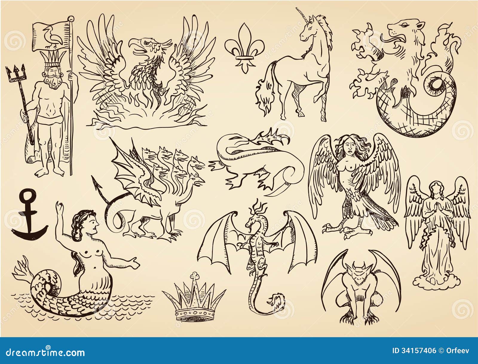 Mythic Creatures Collection, Vector Modern Art. Set Of Fantastic ...
