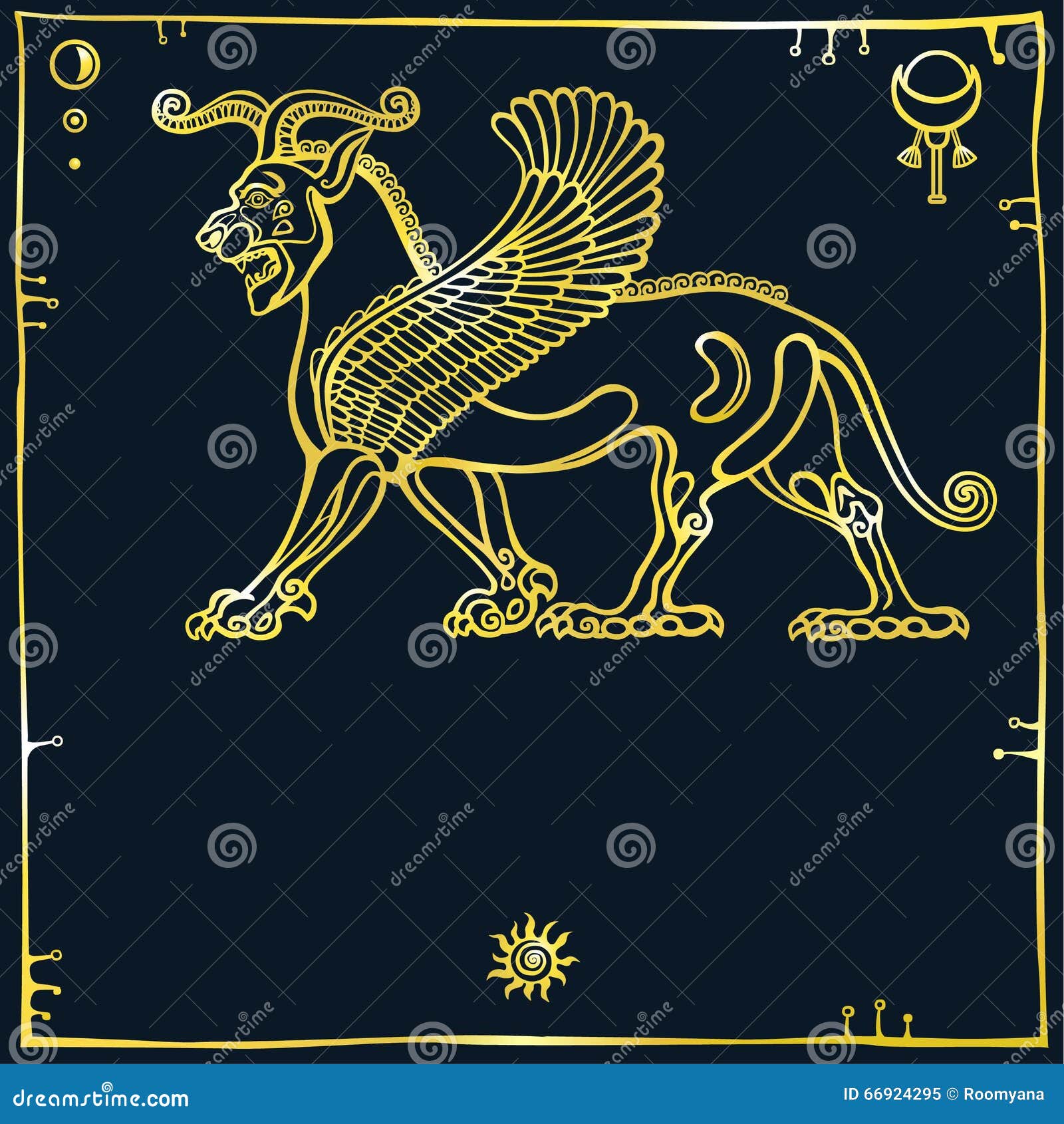 Mythical Assyrian Deity Winged Lion Of Shedu. Cartoon Vector ...