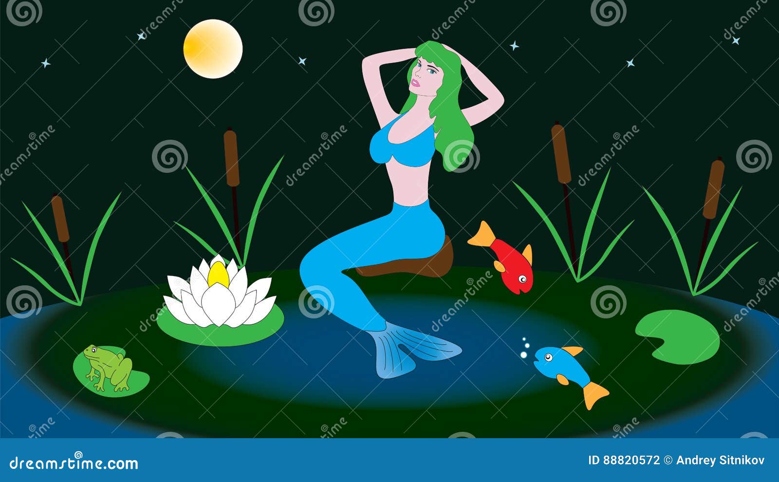 Mythical Character Mermaid Sits in a Pond. Stock Illustration ...