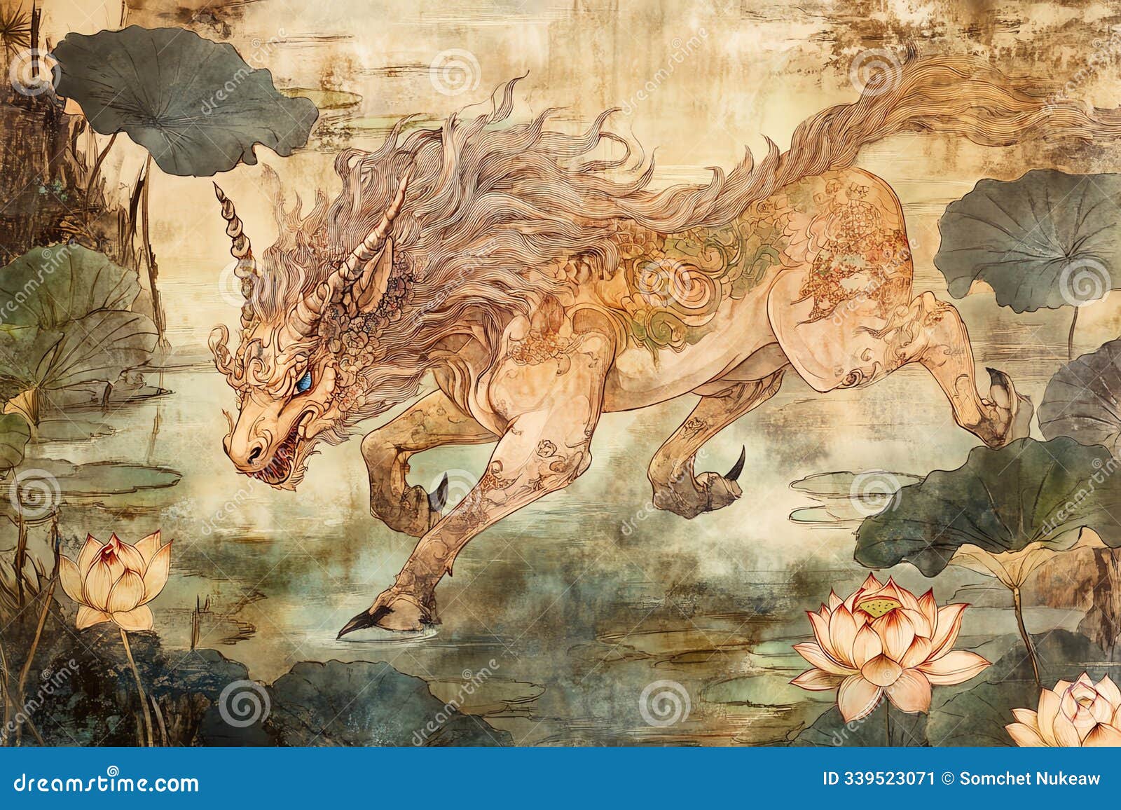 A Mythical Creature Runs through a Swamp with Lotus Flowers Stock ...
