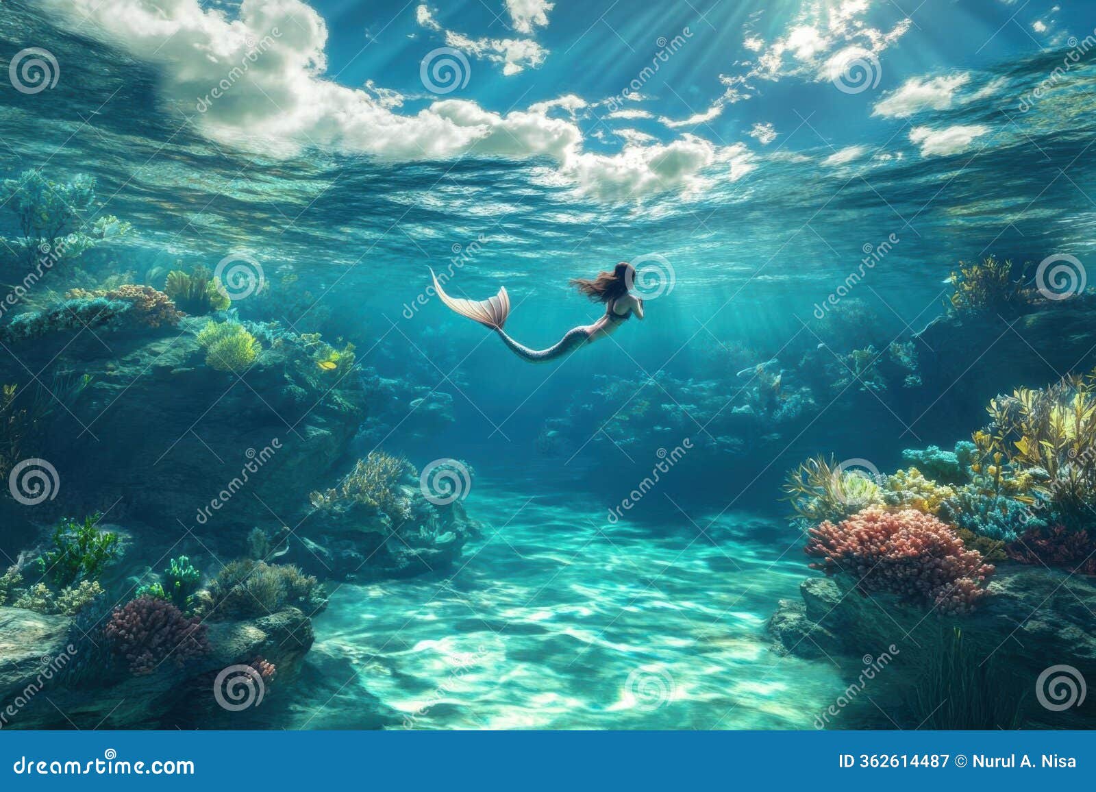 Mythical Creature Swims through Coral Reef with Sunlight, Exploring ...
