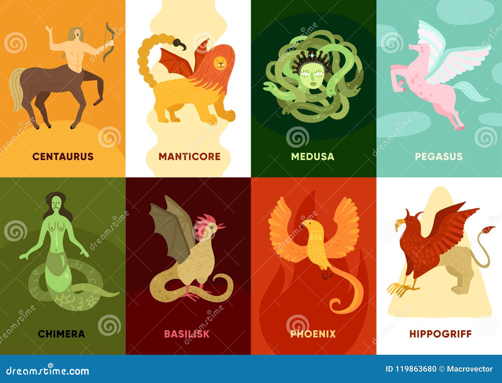 Mythical Creatures Cards Set Stock Vector - Illustration of hippogriff ...