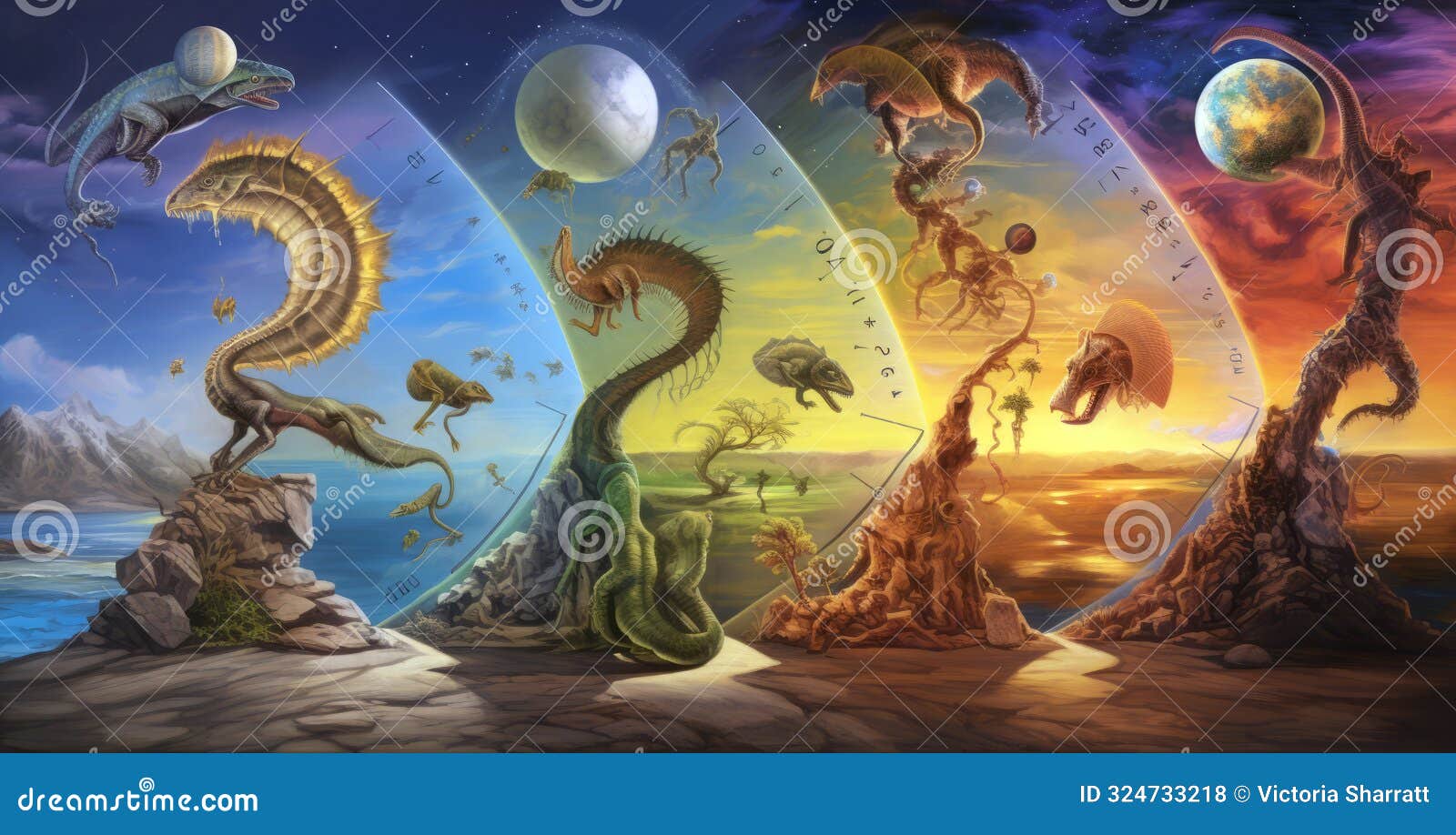 Mythical Creatures Evolving Timeline in a Fantasy Landscape Stock ...