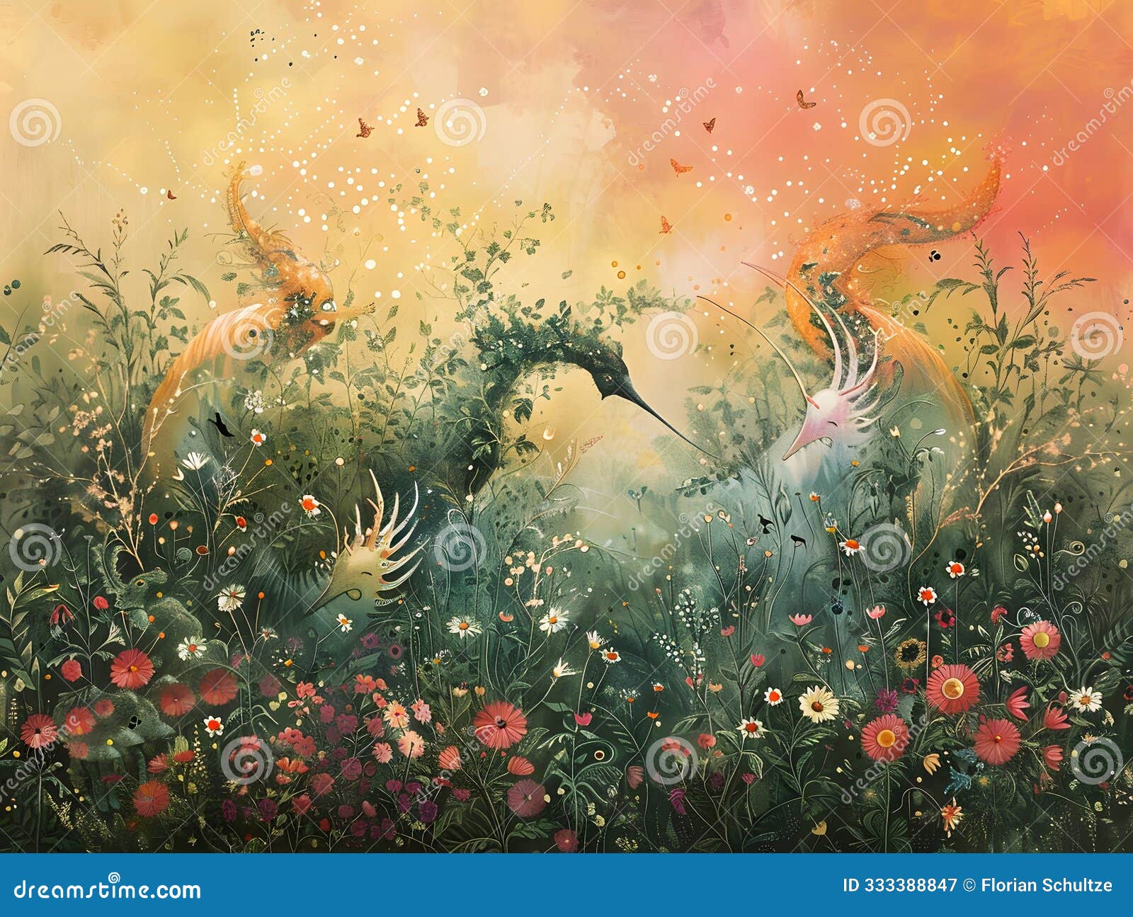 Mythical Creatures in a Flower Meadow at Dawn Stock Illustration ...