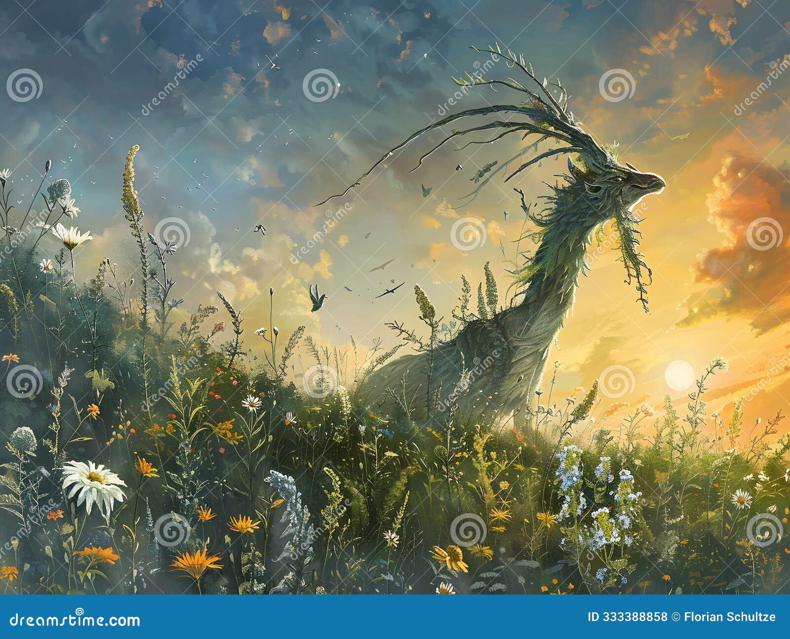 Mythical Creatures in a Flower Meadow at Dawn Stock Illustration ...
