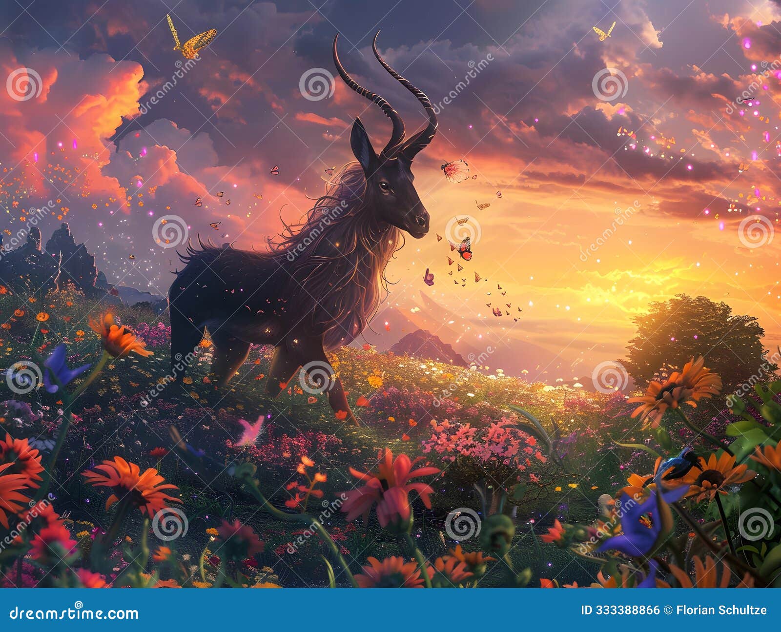 Mythical Creatures in a Flower Meadow at Dawn Stock Illustration ...