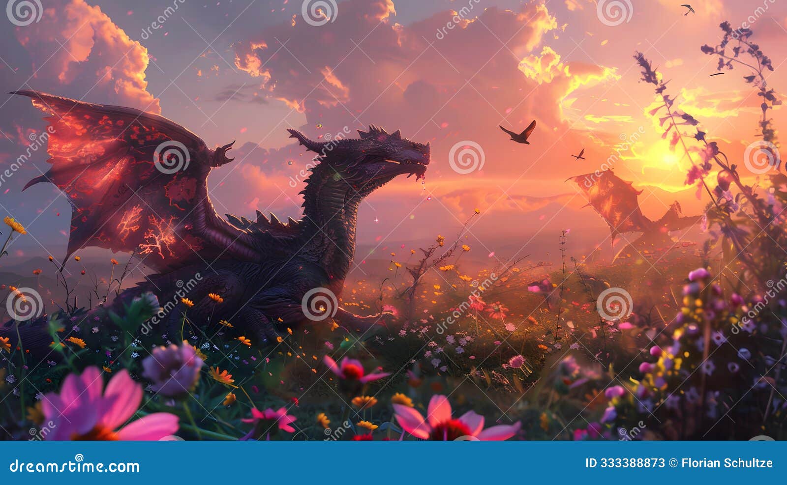 Mythical Creatures in a Flower Meadow at Dawn Stock Illustration ...