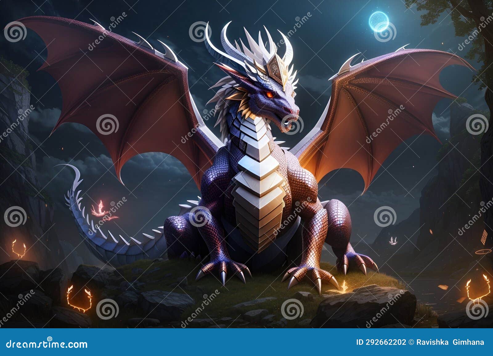 Dragons Folklore Magic Animals Over Night Sky With Crescent Moon And ...