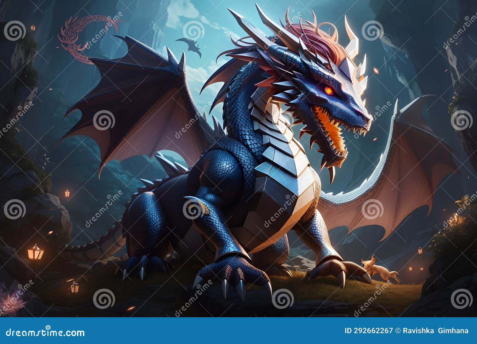 Dragons Folklore Magic Animals Over Night Sky With Crescent Moon And ...