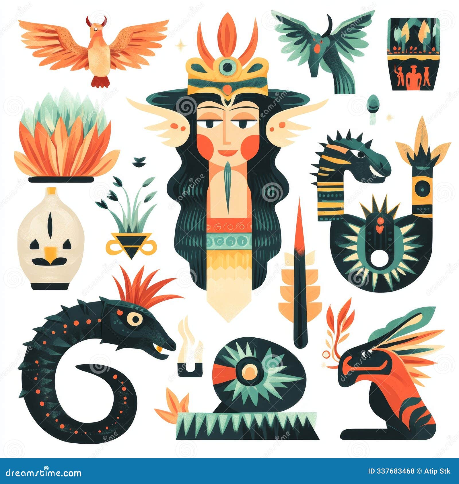 Mythical Creatures and Geometric Patterns Illustration Set Stock Photo ...