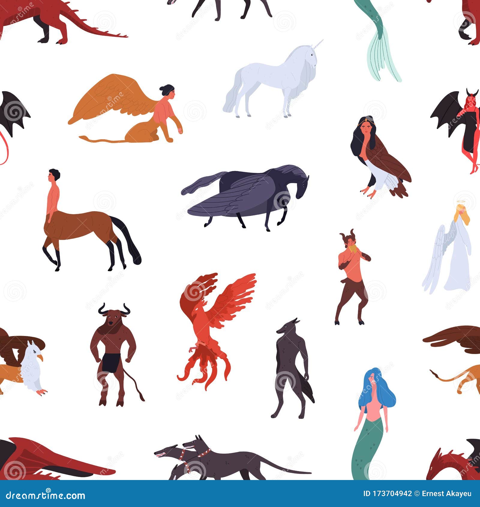 Mythical Creatures Seamless Pattern Isolated on White Background ...