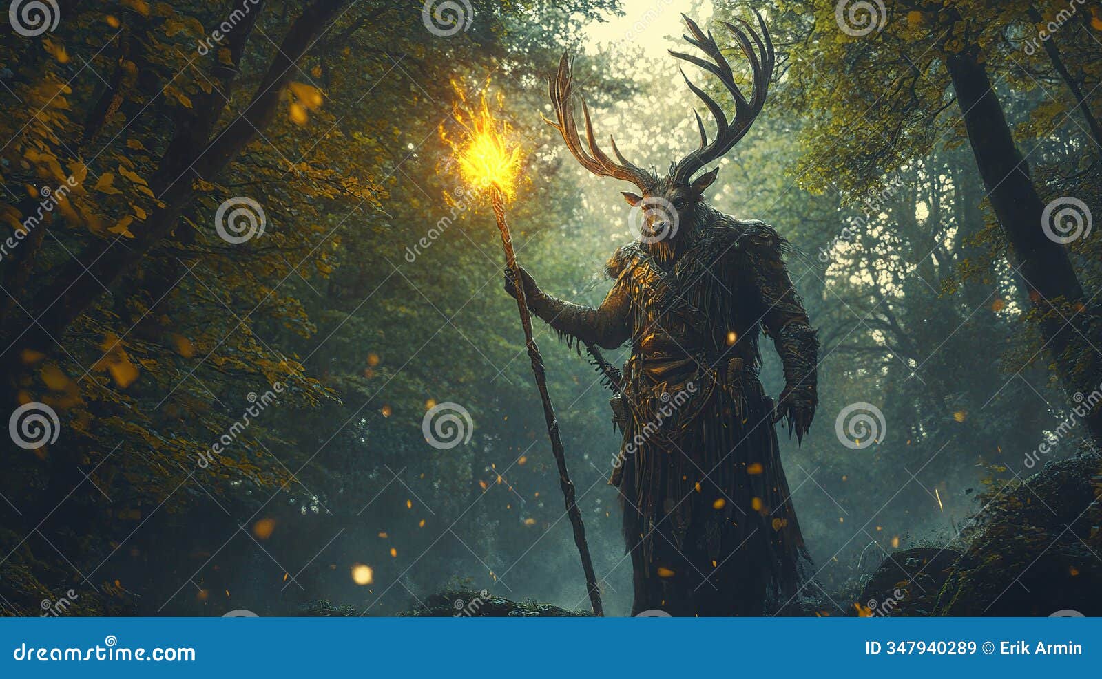 Mythical Deer-headed Creature in Forest, Holding a Burning Torch Stock ...