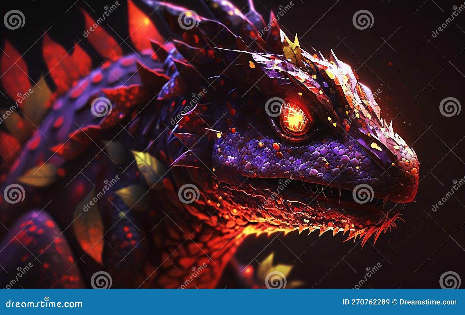 Mythical Dinosaur in Fire Flames on Dark Background Stock Illustration ...