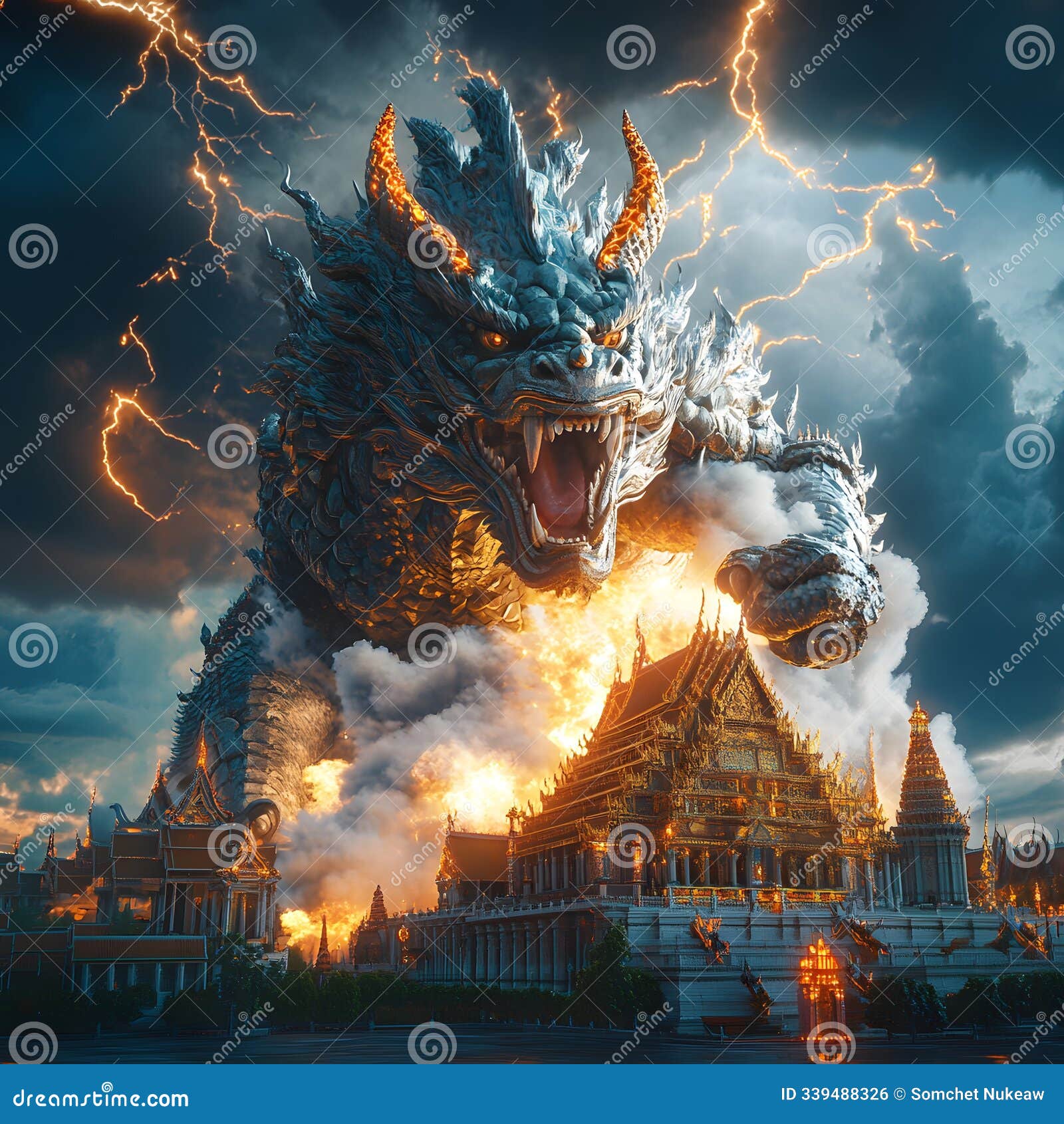 Mythical Dragon Emerging from Storm, Dramatic Scene with Temple Stock ...