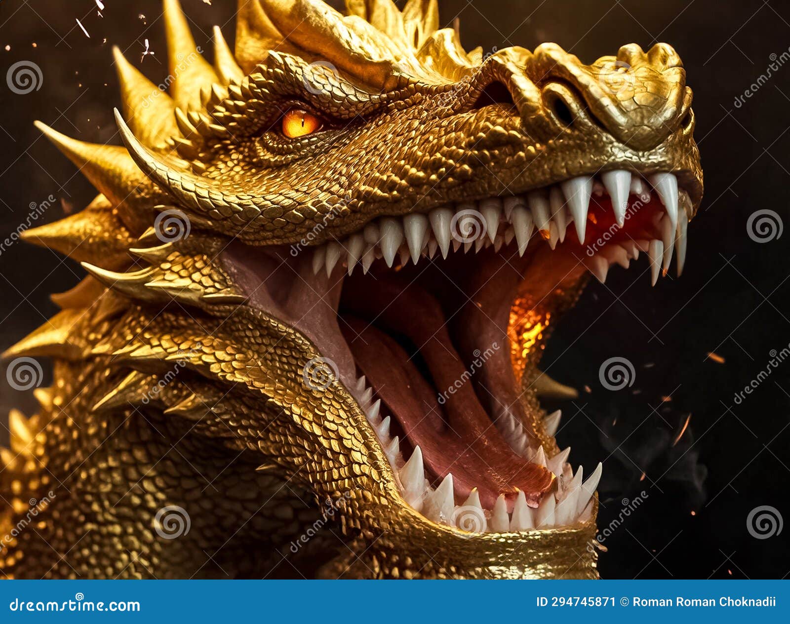 The Mythical Dragon Opened Its Jaws. Golden Dragon with Teeth and Open ...