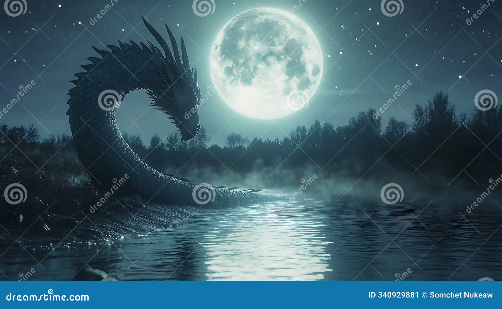 Mythical Dragon Under a Full Moon by a Calm Lake Stock Illustration ...