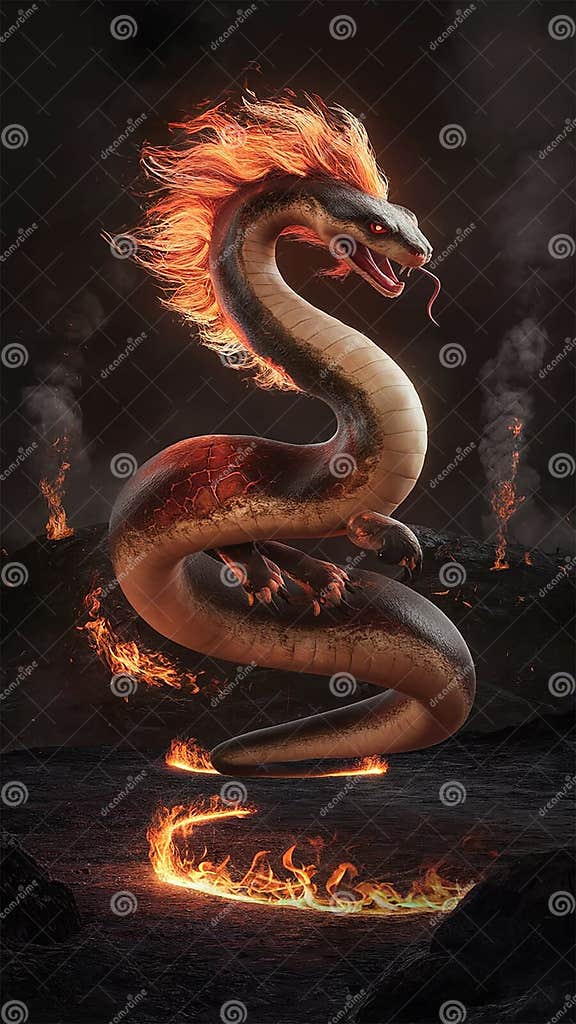 A Mythical Fire-python Hybrid Creature, Blending the Essence of a Python with the Fiery Elements ...
