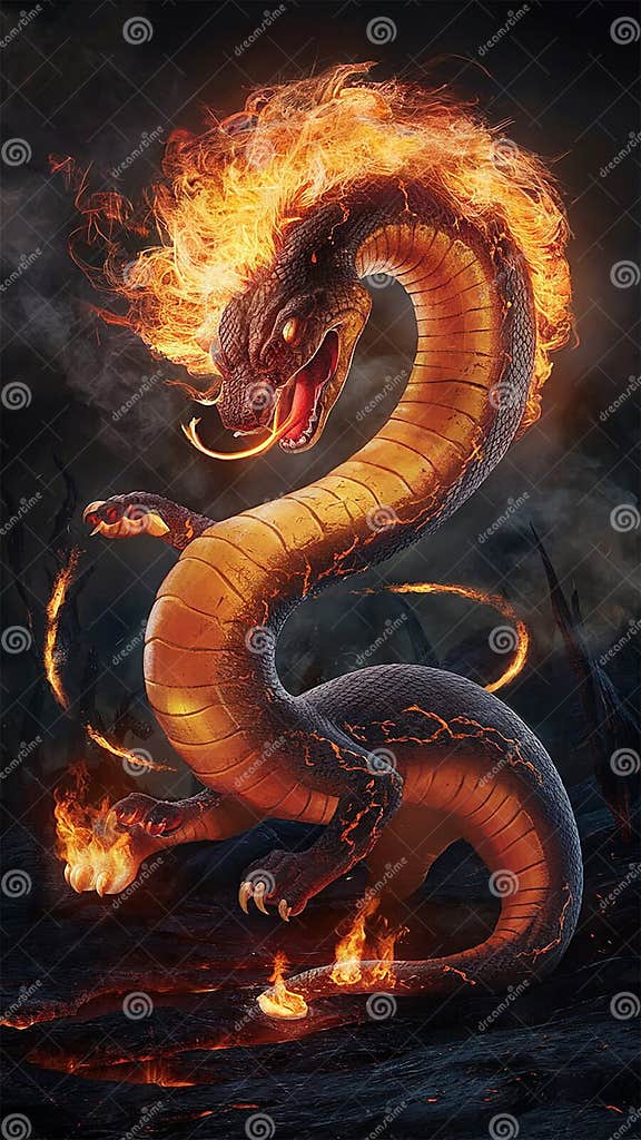 A Mythical Fire-python Hybrid Creature, Blending the Essence of a Python with the Fiery Elements ...