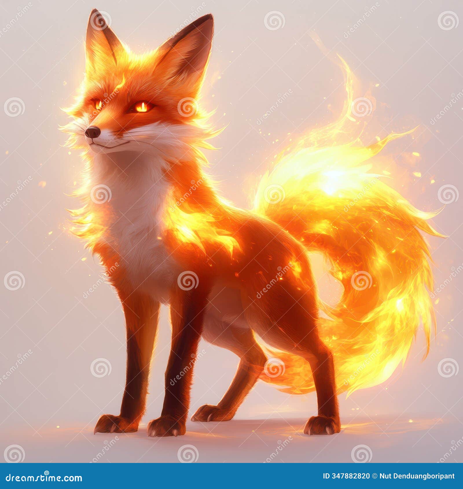 Mythical Flame Fox with Glowing Fiery Tails, Radiating Warmth and Magic ...