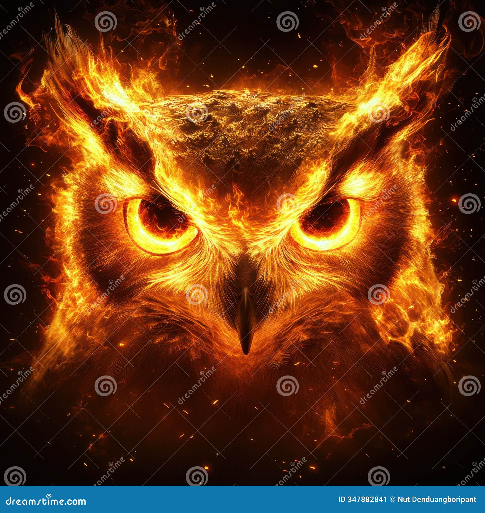Mythical Flame Owl with Glowing Fiery Feathers and Intense Eyes Stock ...